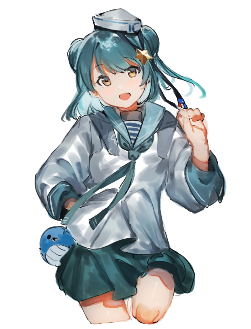 Safebooru - 1girl 1other aqua sailor collar aqua skirt blue hair cropped legs dixie cup hat ...