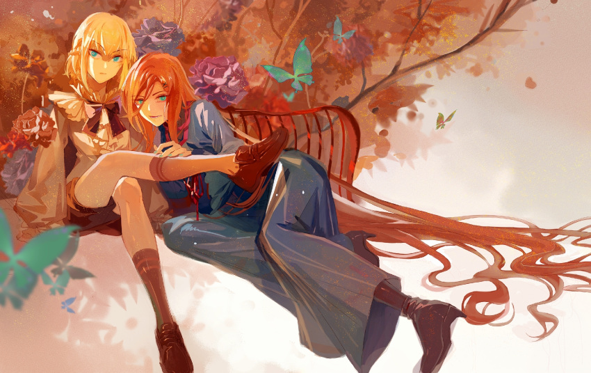 Safebooru - 2girls bangs bench blonde hair blue dress blue eyes boots branch brown footwear ...