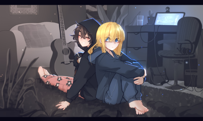 Safebooru - 2girls absurdres animal bag bangs black hoodie blind girl's dog (popopoka) blind ...