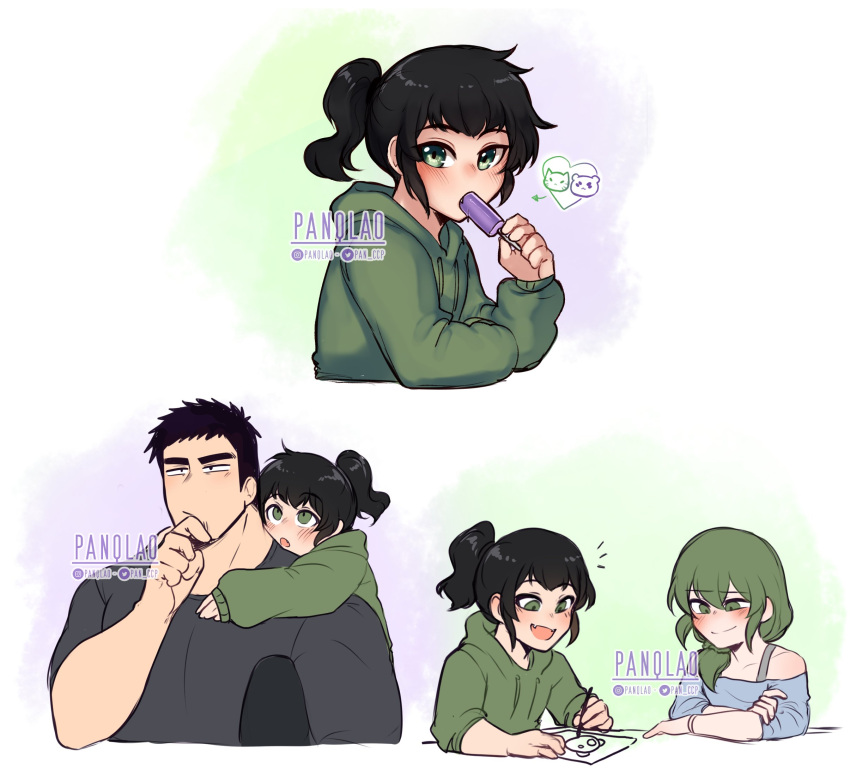 Safebooru - 1boy 2girls bear black eyes black hair cat drawing facial ...