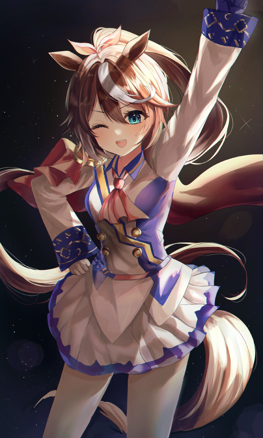 Safebooru - 1girl ;d absurdres animal ears arm up blue eyes blush breasts brown hair chabi ...