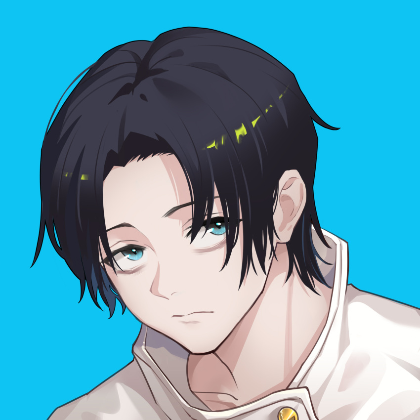 Safebooru - 1boy black hair blue background blue eyes close-up closed mouth collarbone highres ...