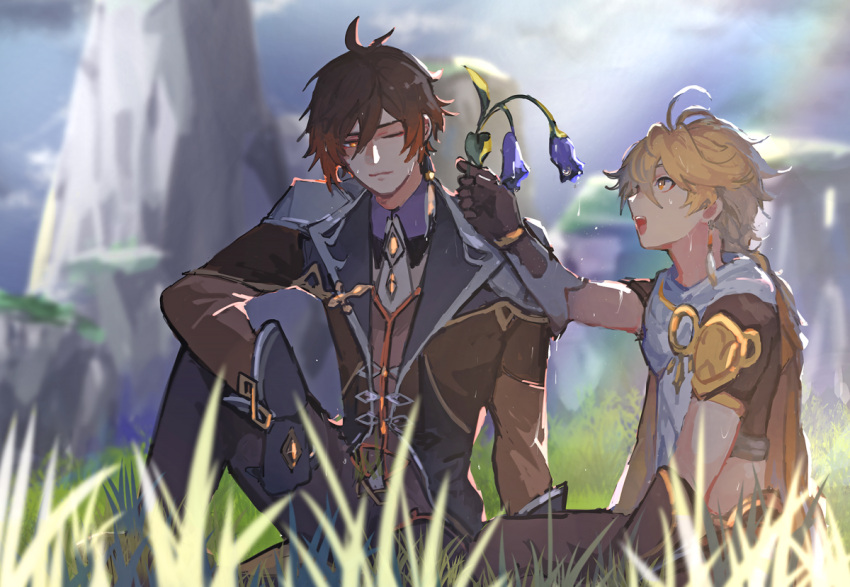 Safebooru - 2boys aether (genshin impact) bangs black gloves blliqw blonde hair braid brown hair ...