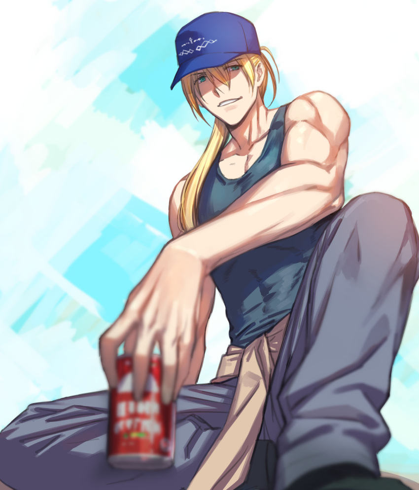 Safebooru - 1boy baseball cap beer can blonde hair can clothes around ...