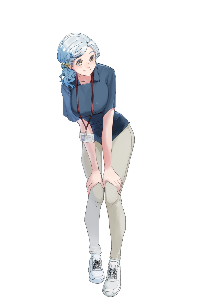 Safebooru - 1girl absurdres black shirt blue hair braid breasts closed mouth full body grey ...