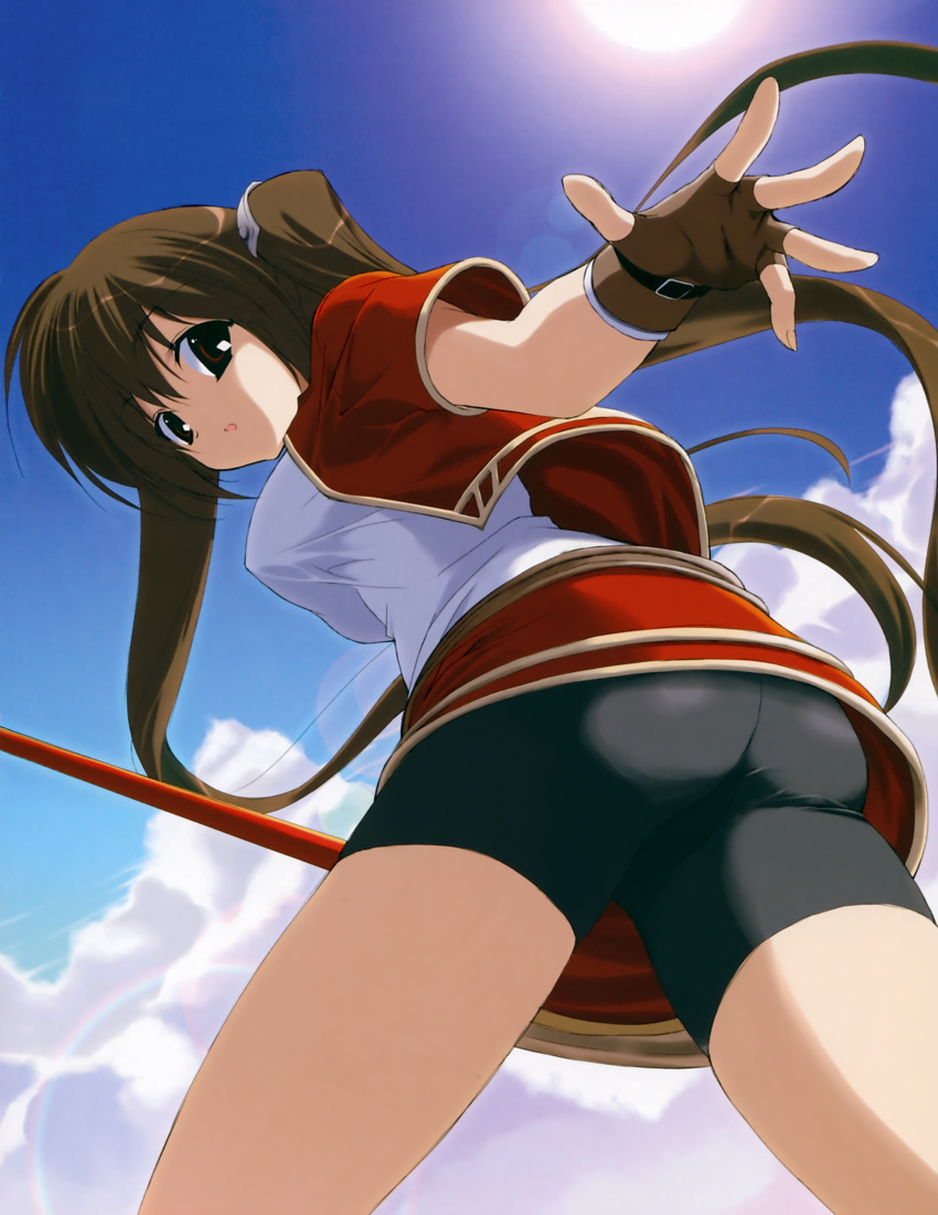 Safebooru - 1girl ass bike shorts breasts brown gloves clouds covered nipples eyebrows visible ...