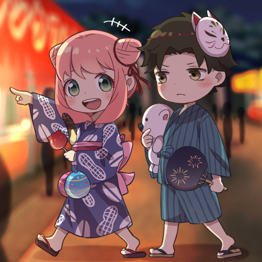 Safebooru - 1boy 1girl :d anya (spy x family) banana blurry blurry background brown hair candy ...