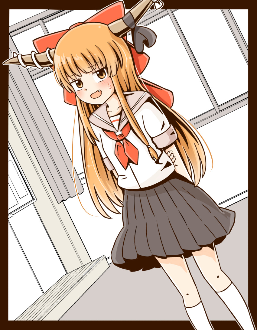 Safebooru - 1girl alternate costume arms behind back bangs black skirt blush bow brown horns ...