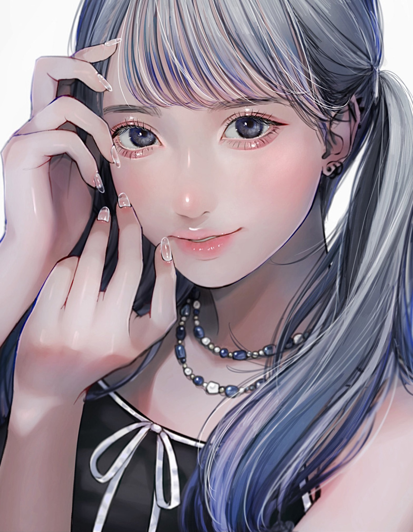 Safebooru - 1girl bangs black shirt blue hair fingernails gradient hair grey eyes grey hair ...