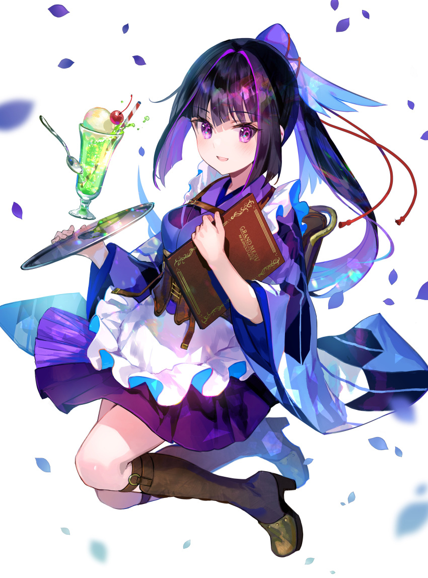 Safebooru - 1girl :d absurdres apron bangs black hair boots brown footwear drinking straw ...