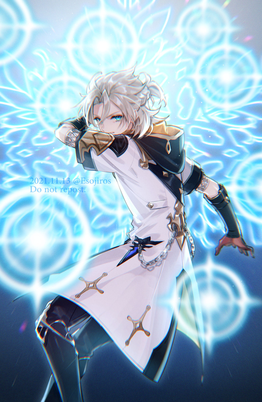 Safebooru - 1boy albedo (genshin impact) amaichi esora aqua eyes arm up artist name bangs black ...