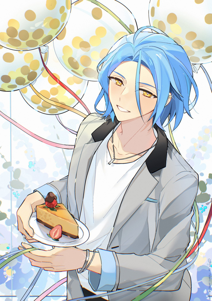 Safebooru - 1boy balloon bangs blazer blue hair blush bracelet cake ...