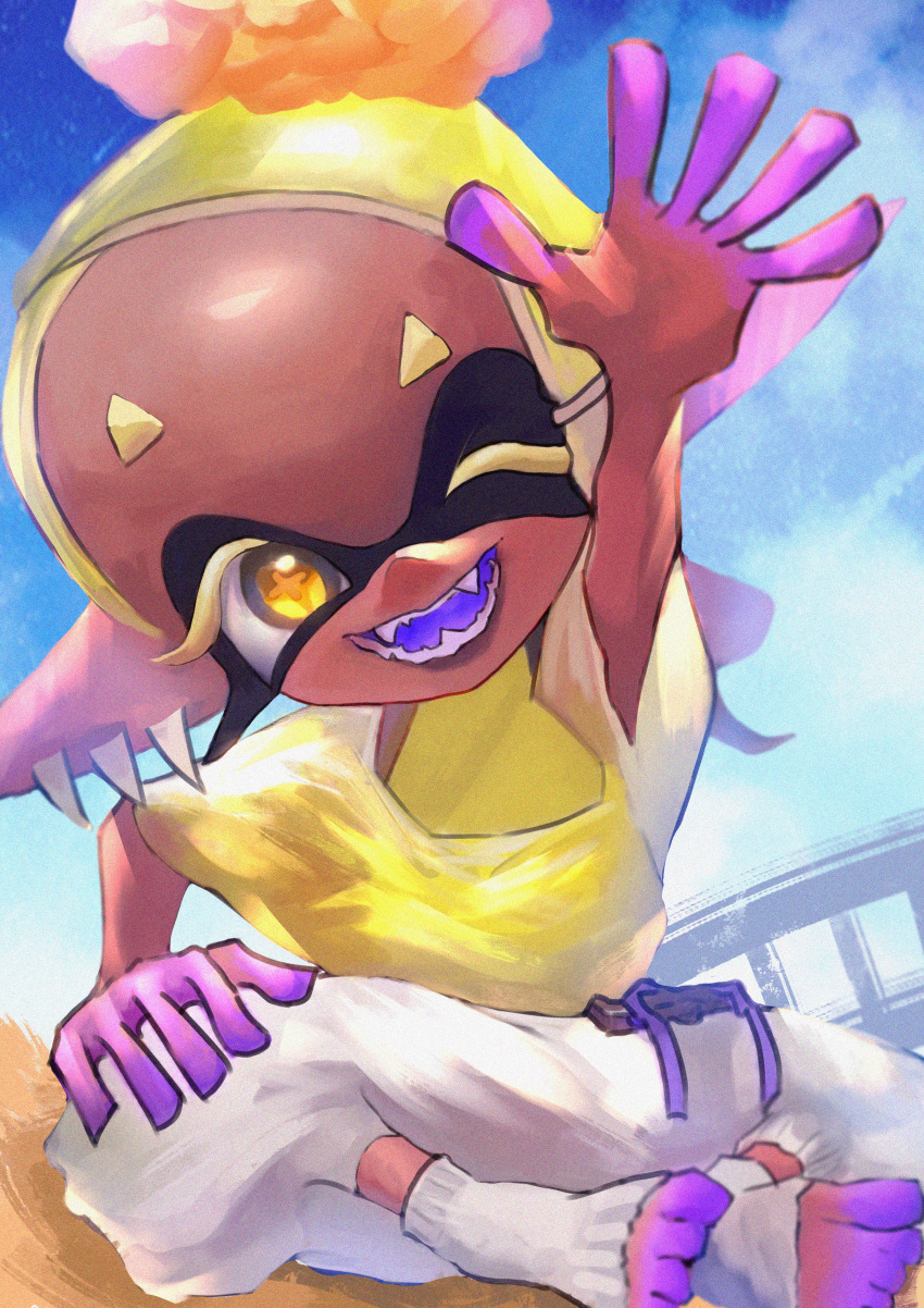 Safebooru - + + 1girl ;d absurdres arm up blonde hair blue sky colored ...