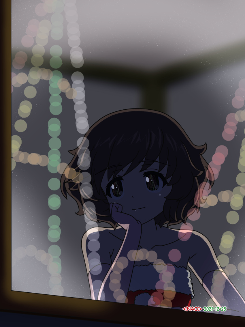 Safebooru - 1girl akiyama yukari bangs bare shoulders blurry brown eyes brown hair christmas ...