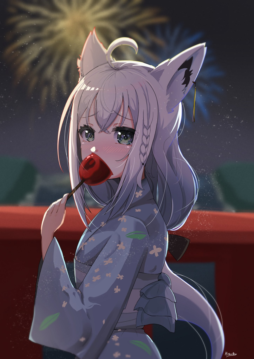 Safebooru - 1girl ahoge animal ear fluff animal ears bangs blue kimono blurry blurry background ...