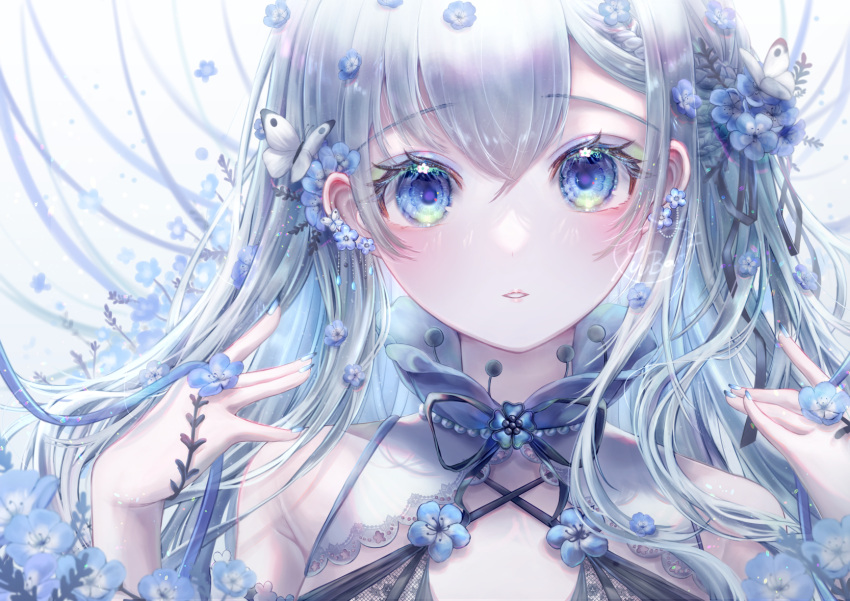 Safebooru - 1girl artist name bangs bare shoulders bead necklace beads black ribbon blue eyes ...