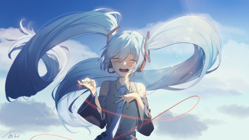 Safebooru - 1girl bangs black sleeves blue hair blue nails blue necktie ...