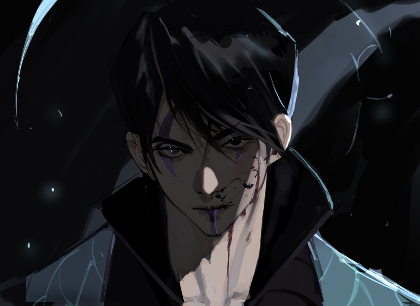 Safebooru - 1boy aphelios bangs black background black eyes black hair black jacket blood blood ...