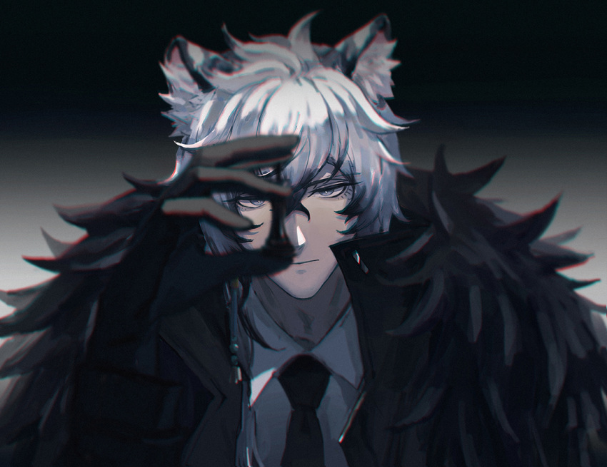 Safebooru - 1boy 76930502 animal ears arknights bishounen black gloves black necktie blurry ...