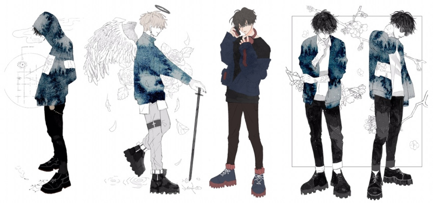 Safebooru - 5boys angel wings bishounen black hair full body halo male ...
