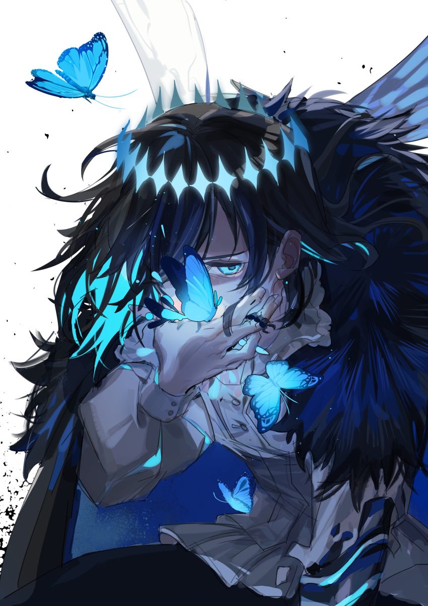Safebooru - 1boy absurdres alternate hair color arthropod boy bangs black hair blue butterfly ...