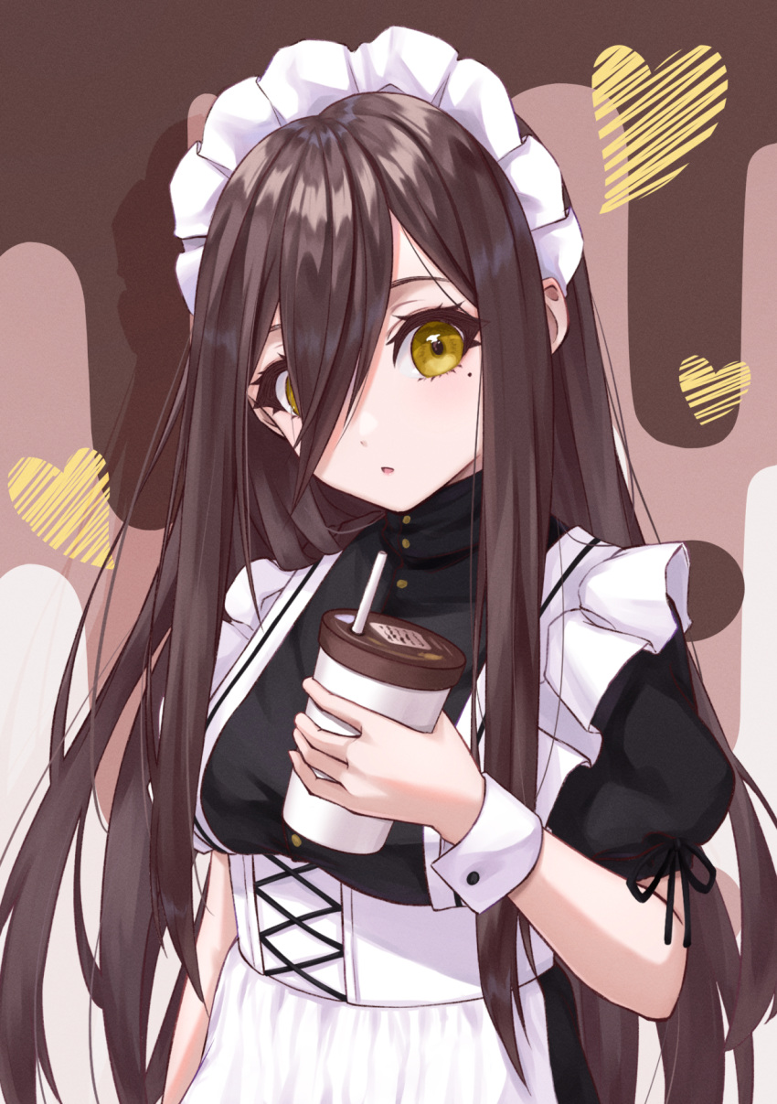 Safebooru - 1girl apron bangs blush brown hair cup disposable cup drink highres holding holding ...