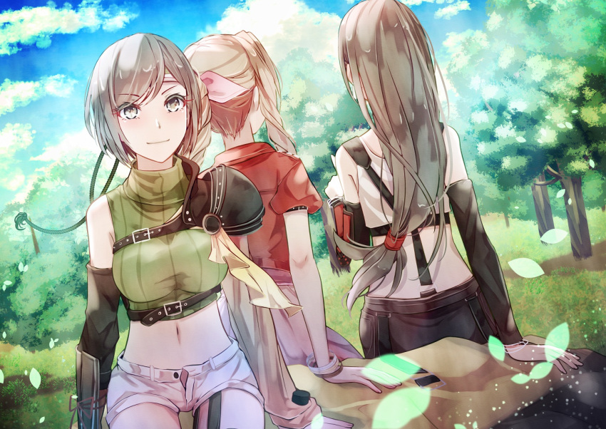 Safebooru - 3girls aerith gainsborough armor asymmetrical bangs asymmetrical legwear bangle ...