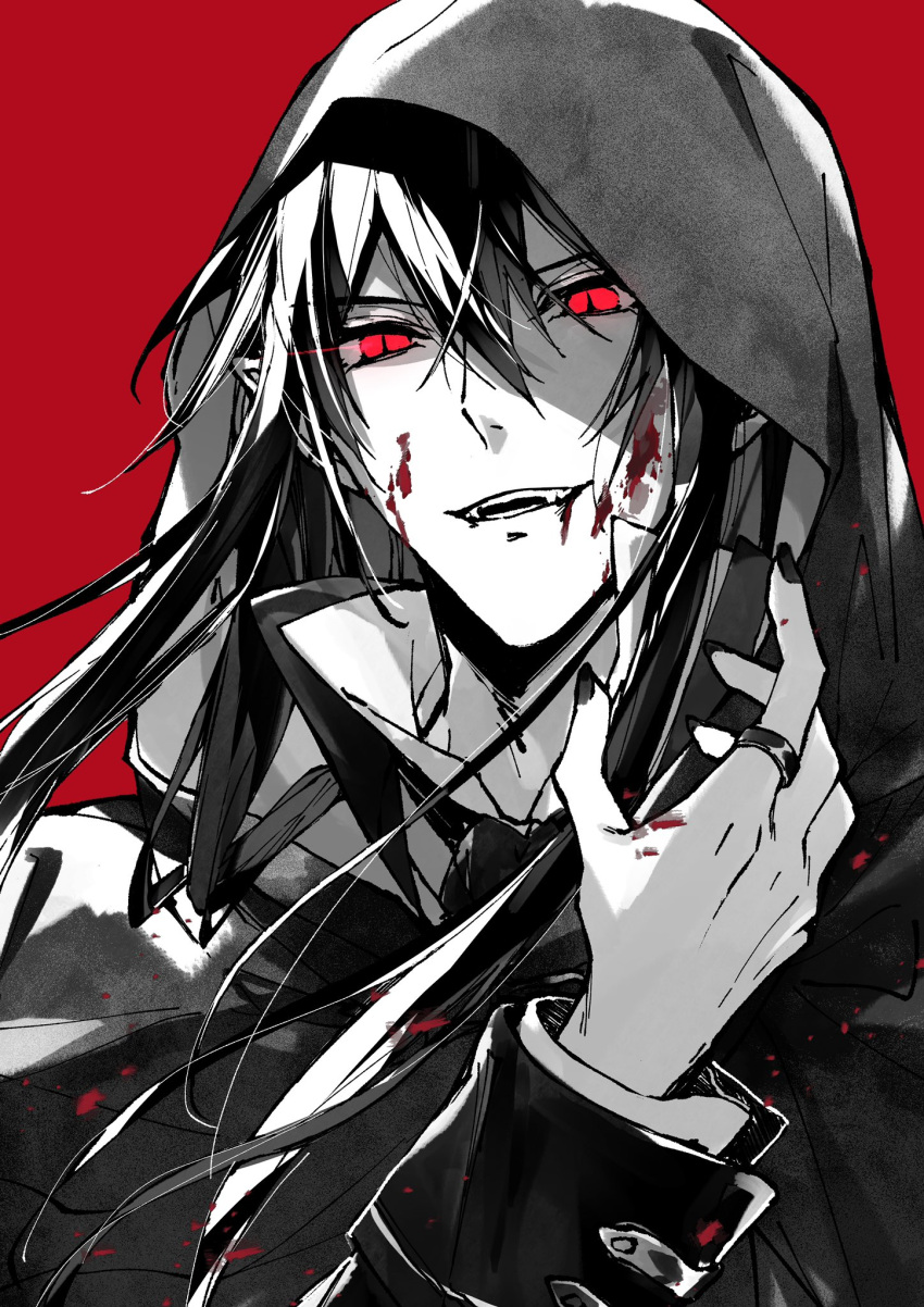 Safebooru - 1boy bangs blood blood on face cloak commentary request copyright request fangs hair ...