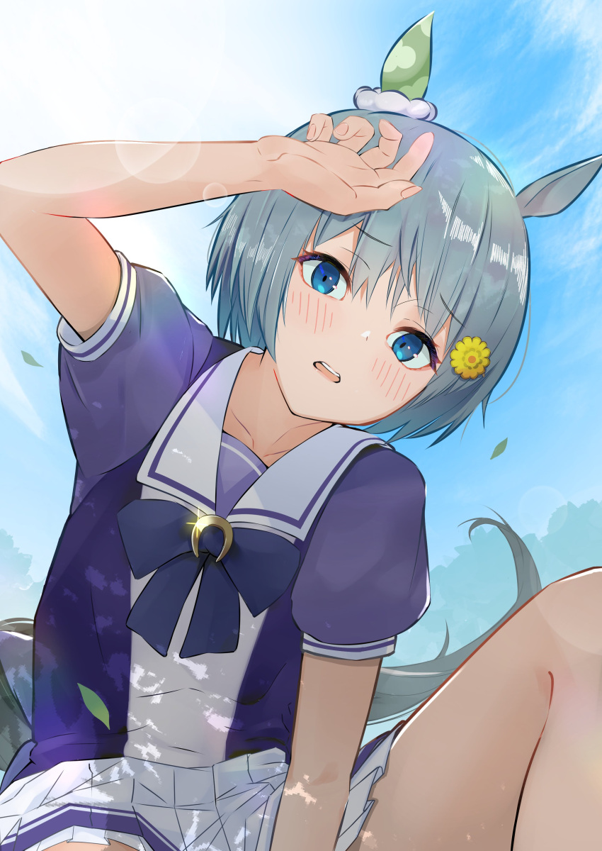 Safebooru - 1girl absurdres animal ears arm up blue eyes flower grey hair hair ornament highres ...