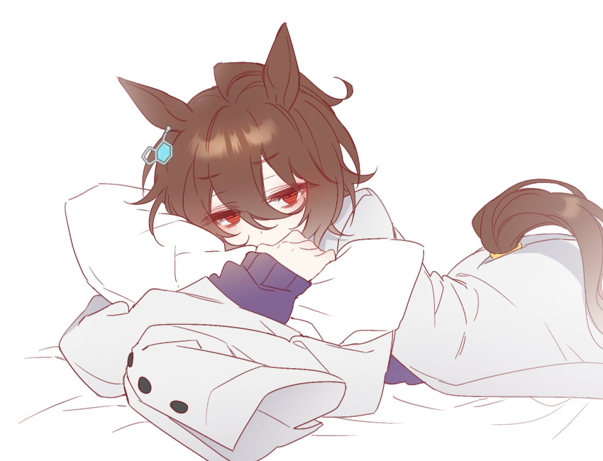 Safebooru - 1girl agnes tachyon (umamusume) ahoge animal ears bangs bed sheet brown hair covered ...