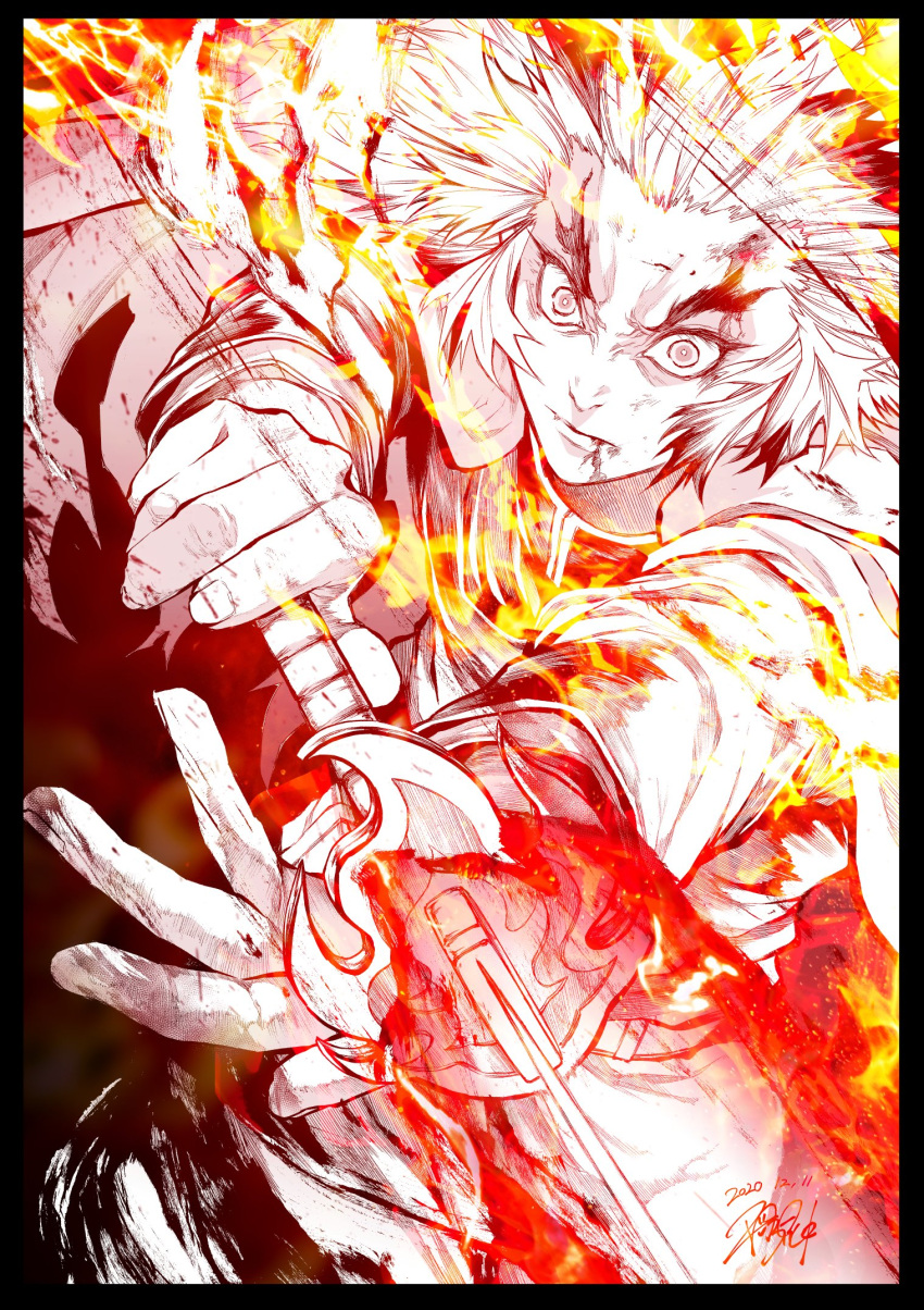 Safebooru - 1boy blood blood on face fire floating hair fur trim ...