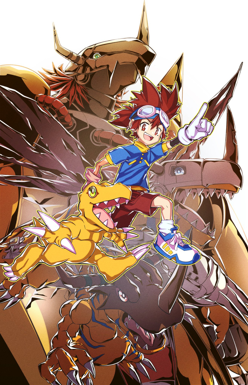 Safebooru - 1boy agumon arm up bangs blue shirt brown eyes brown hair ...