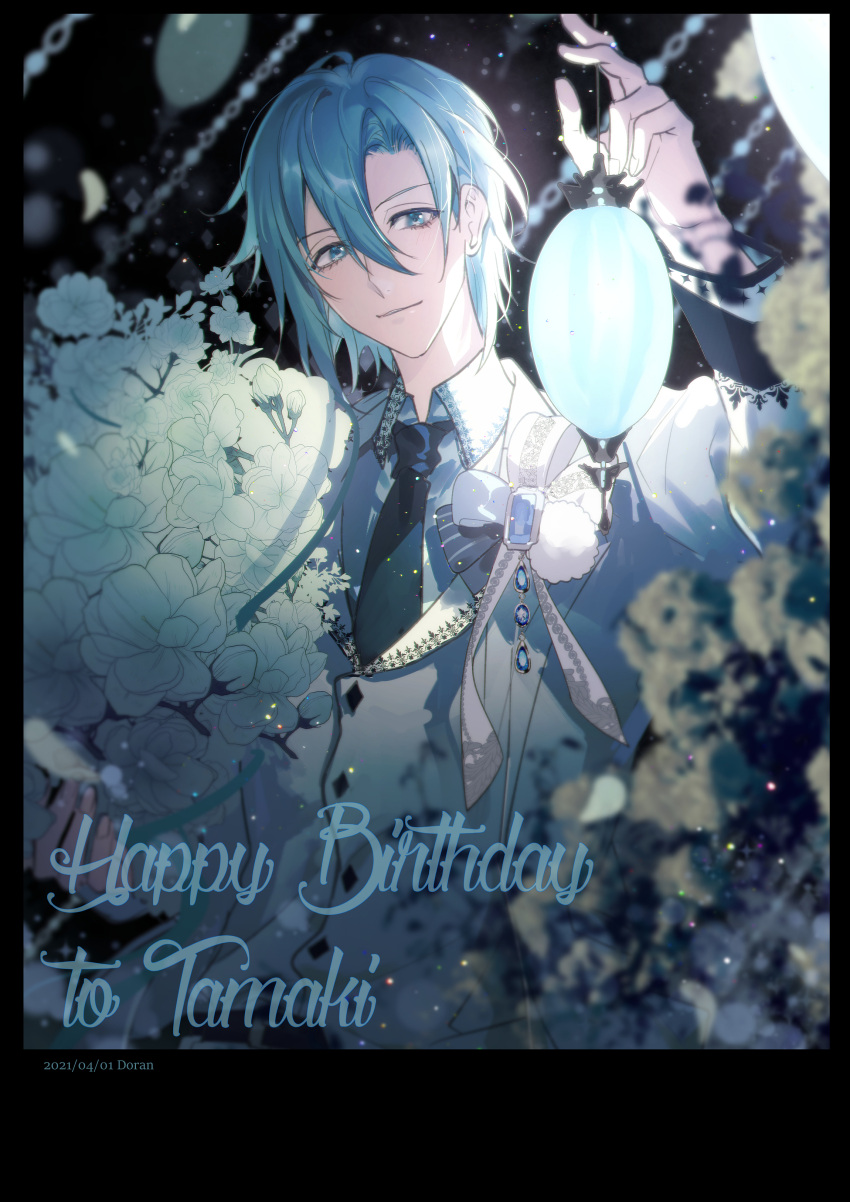 Safebooru - 1boy absurdres bishounen blue eyes blue hair doran (doran7280) flower glowing happy ...