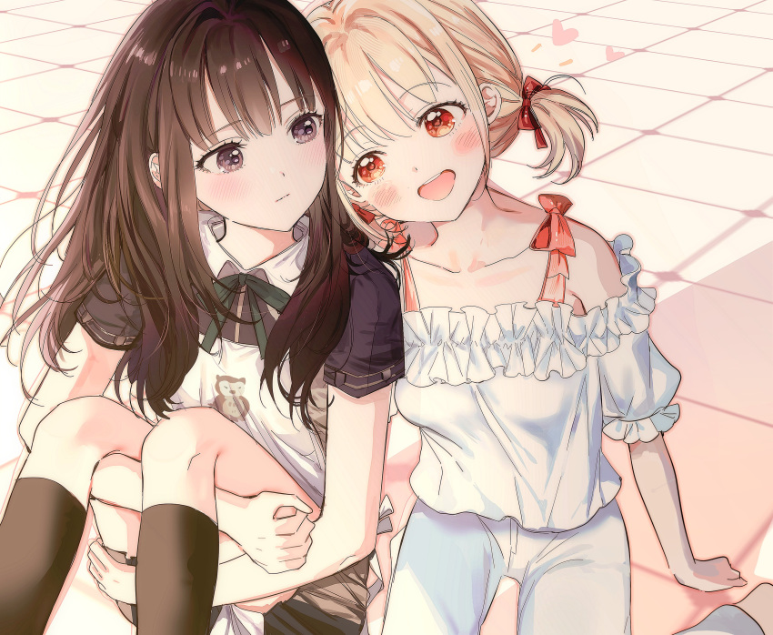 Safebooru - 0202ase 2girls absurdres apron barefoot black hair blonde hair blush camisole ...