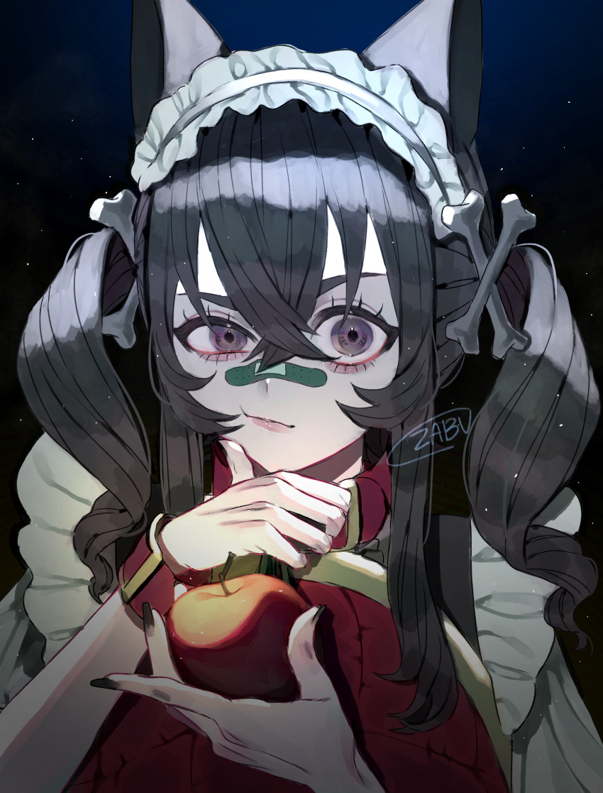 Safebooru - 1boy animal ears apple black hair black nails bone bone ...