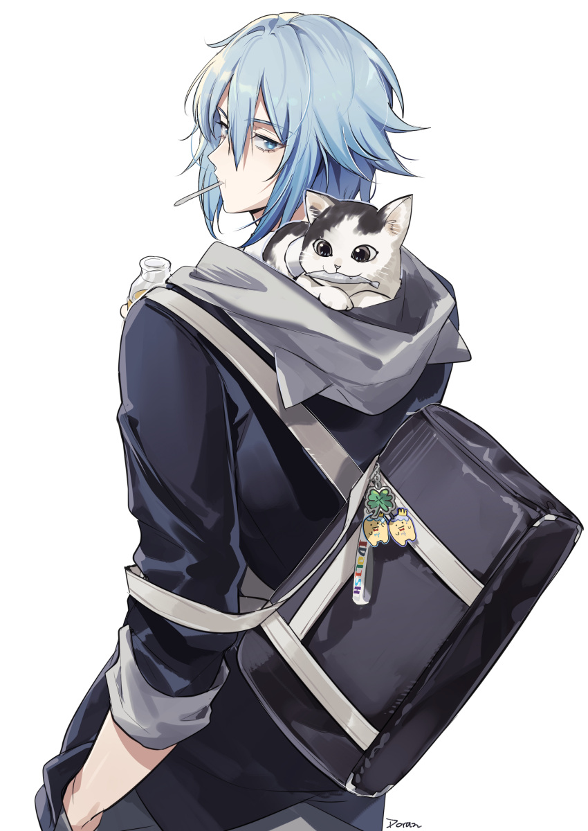 Safebooru - 1boy absurdres bishounen blue eyes blue hair cat doran (doran7280) food hand in ...