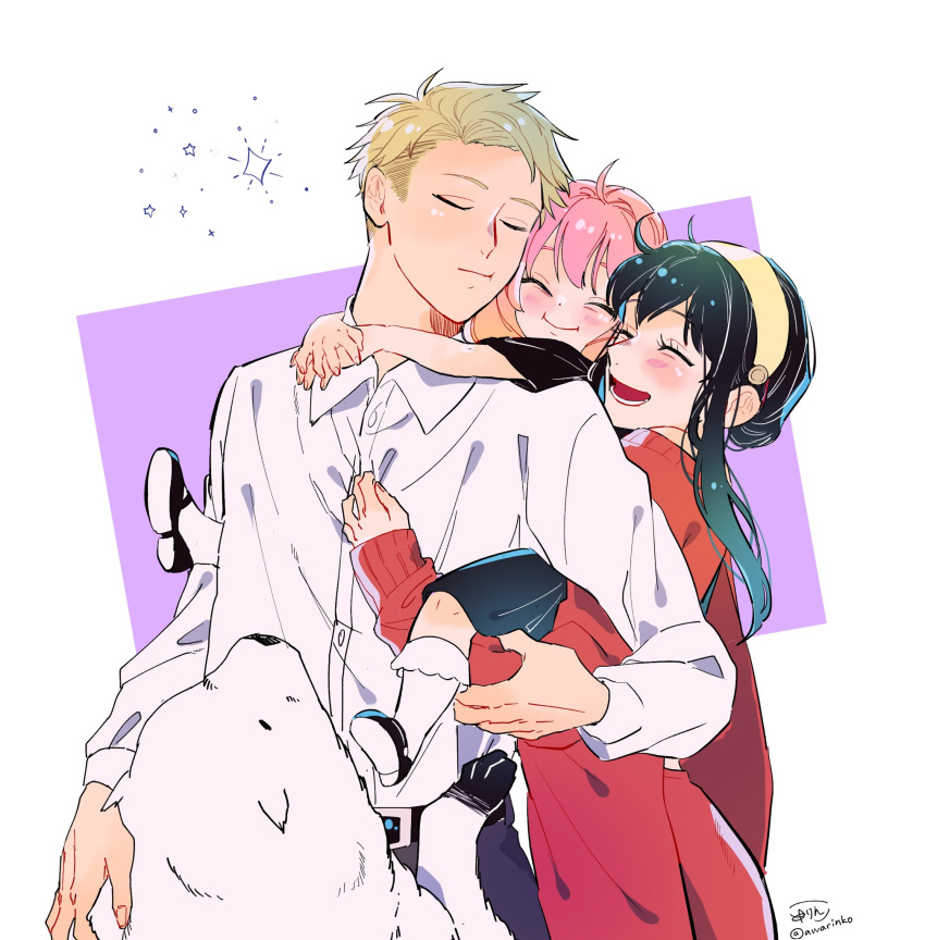 Safebooru - 1boy 2girls anya (spy x family) arms around neck awarinko bangs black dress black ...