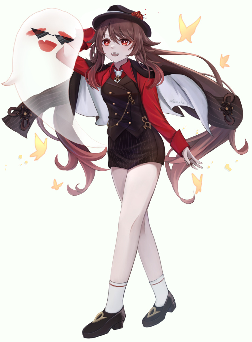 Safebooru - 1girl absurdres arm up bow brown hair coat coat on shoulders genshin impact ghost ...
