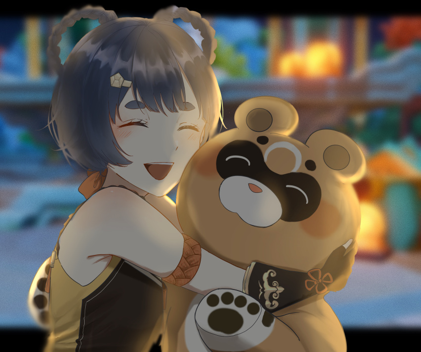 Safebooru - 1girl 1other absurdres animal ears bangs bare shoulders bear bear ears black hair ...