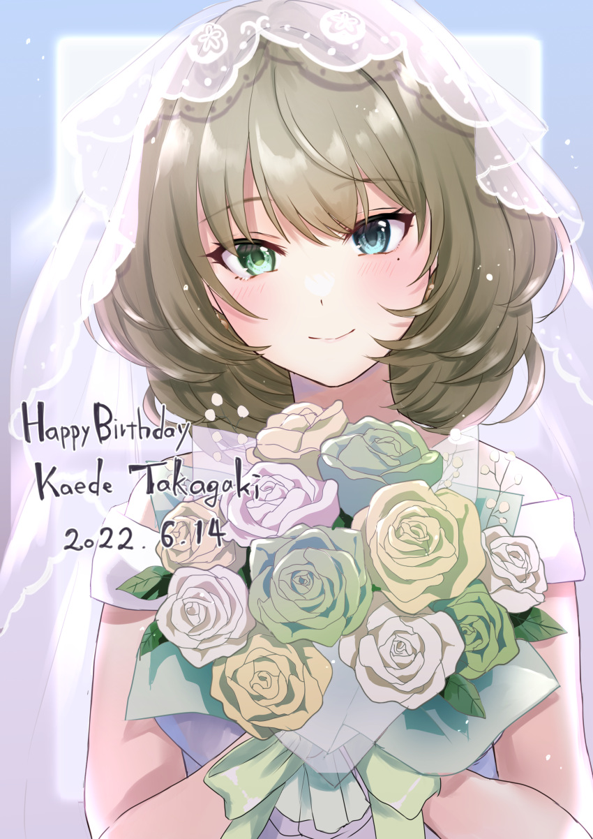 Safebooru - 1girl 2022 absurdres bangs blue eyes blush bouquet bridal veil brown hair character ...
