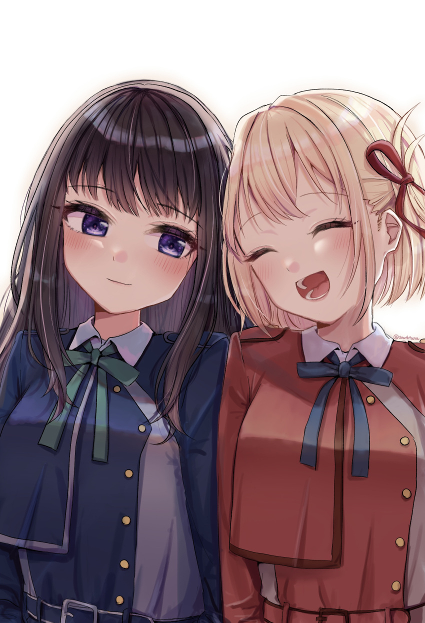 Safebooru - 2girls bangs belt black hair blonde hair blue belt blue dress blue ribbon blush bob ...