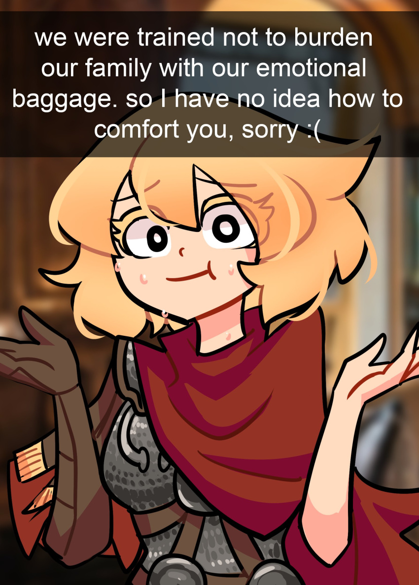 Safebooru - 1girl absurdres armor black eyes blonde hair blurry blurry background cape centurii ...