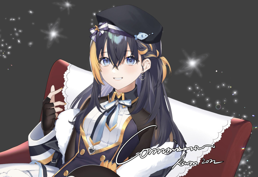 Safebooru - 1girl anchor earrings beret black gloves black hair black ...