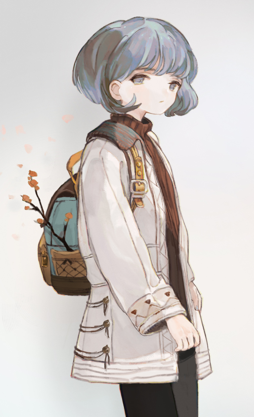 Safebooru - 1girl absurdres backpack bag branch brown sweater closed mouth flower grey eyes grey ...