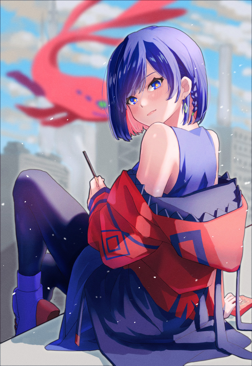 Safebooru - 1girl black pants blue eyes blue footwear blue hair blue headwear blue sky blurry ...