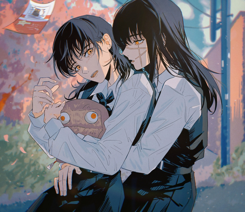 Safebooru - 2girls bangs black hair blue dress chainsaw man collared shirt day dress highres hug ...