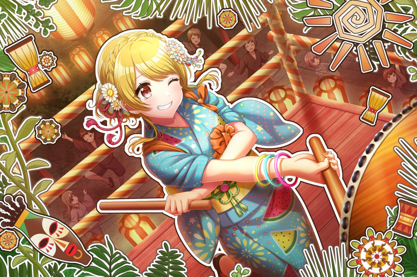 Safebooru - aimoto rinku blonde hair blush d4dj dress long hair red eyes smile wink yukata | 4123011