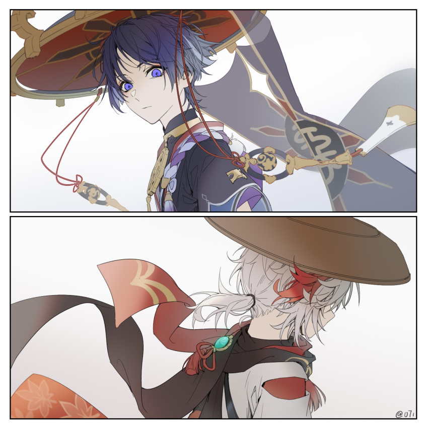 Safebooru - 2boys 3259460330 antenna hair black scarf genshin impact grey hair hakama hat ...