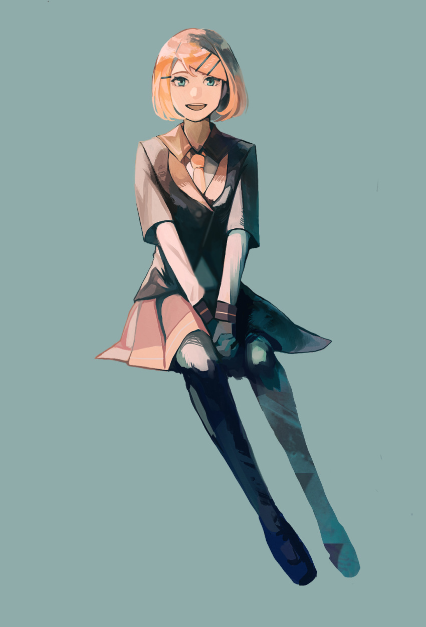Safebooru - 1girl aqua background aqua eyes bangs black jacket black thighhighs blazer blonde ...