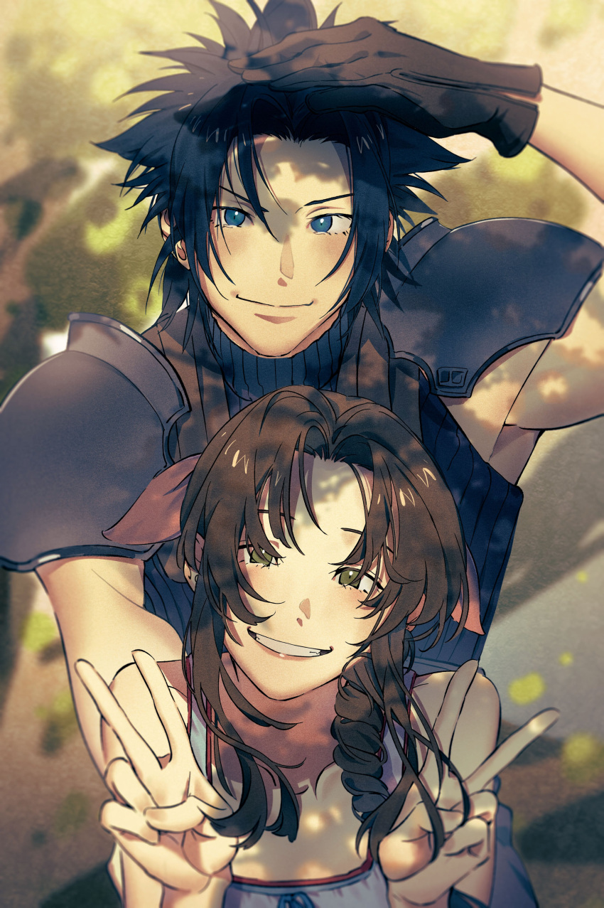 Safebooru - 1boy 1girl absurdres aerith gainsborough armor bangs bare arms black gloves black ...